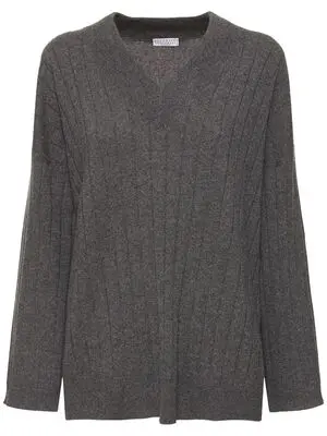 Brunello Cucinelli BRUNELLO CUCINELLI V-neck Ribbed Cashmere Sweater - Grey