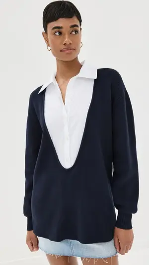 Staud Knit Sweater With Shirting Trim
