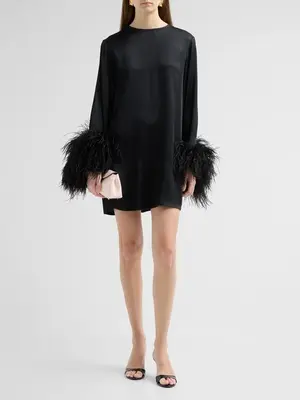Lapointe Double-face Satin Feather-cuff Minidress