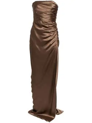 Michelle Mason Strapless Gathered Silk Gown - Brown