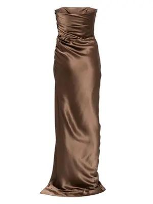Michelle Mason Strapless Gathered Silk Gown - Brown