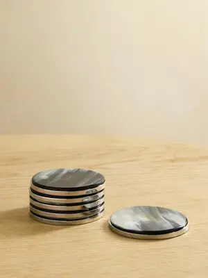 Brunello Cucinelli Set Of Six Horn And Silver-tone Coasters - Black