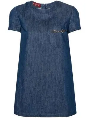 gucci denim mini dress Gucci Dark Blue Denim Long-Sleeved Belted Mini Dress with Silver Logo   Sellier