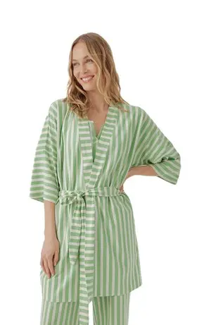 PACT Organic Staycation Short Robe Hideaway Stripe Jade