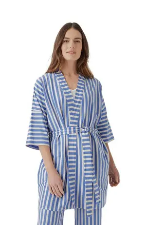 PACT Organic Staycation Short Robe Hideaway Stripe Wedgewood