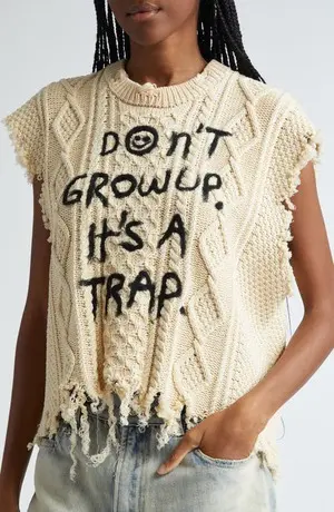 R13 Don't Grow Up Fray Hem Cable Stitch Sweater Vest