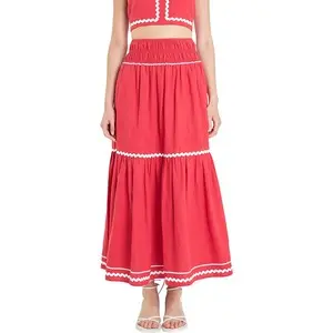 English Factory Rickrack Linen Blend Maxi Skirt - Red