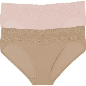 Natori Bliss Perfection Lace Trim One Size Bikini Brief 2-pack Cafe/cameo Rose