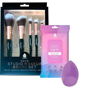 PURSONIC Makeup Essentials Bundle Brushes Wipes & Blender Sponge - Multicolor