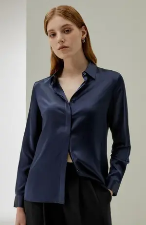 Lilysilk Basic Concealed Placket Silk Shirt - Navy Blue