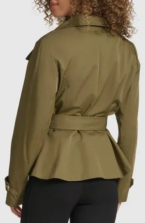 Karl Lagerfeld Paris Double Breasted Peplum Trench Jacket - Olive