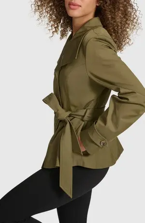 Karl Lagerfeld Paris Double Breasted Peplum Trench Jacket - Olive