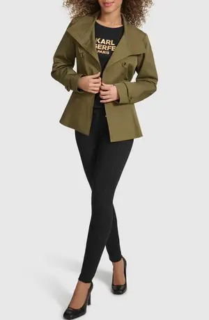 Karl Lagerfeld Paris Double Breasted Peplum Trench Jacket - Olive