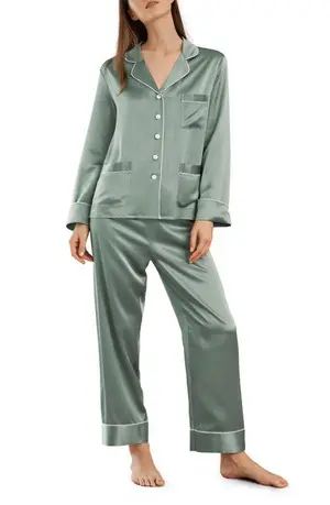 Lilysilk Chic Trimmed Silk Pajama Set - Avocado Green