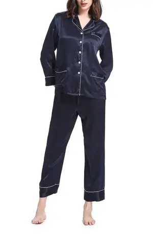 Lilysilk Chic Trimmed Silk Pajama Set - Navy Blue