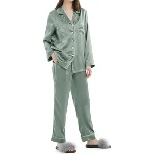 Lilysilk Gold Piping Silk Pajamas Set - Avocado Green