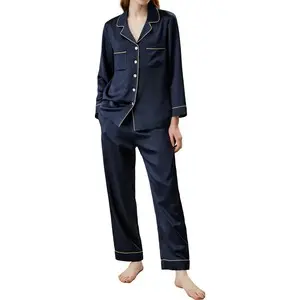 Lilysilk Gold Piping Silk Pajamas Set - Navy Blue