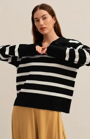 Lilysilk Gilly Stripe Merino Wool Sweater - Black