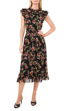 CECE DUPRAZ Floral Flutter Sleeve Midi Dress