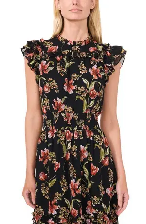 CECE DUPRAZ Floral Flutter Sleeve Midi Dress
