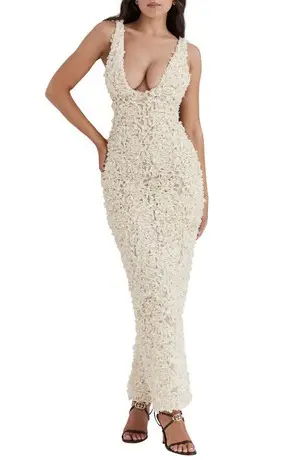 House Of Cb Carena 3d Floral Appliqué Gown - Bleached Sand
