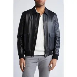 Bugatchi Zip Front Leather Bomber Jacket - Black