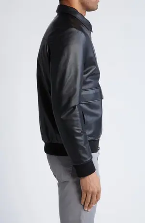 Bugatchi Zip Front Leather Bomber Jacket
