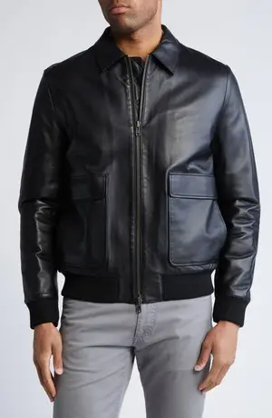 Bugatchi Zip Front Leather Bomber Jacket
