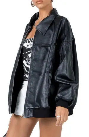 Princess Polly Goldsmith Faux Leather Oversized Bomber Jacket - Black