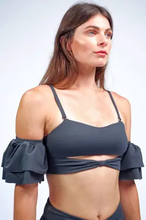 MARY MERCEDES Cutout Bikini Top With Ruffle Sleeves - Charcoal Grey