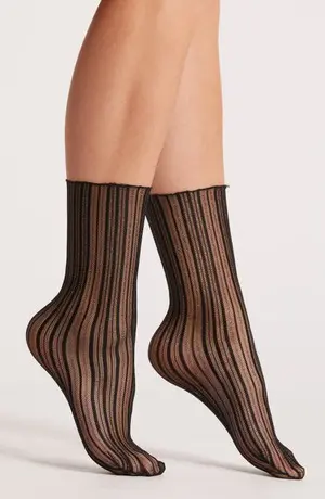 HIGH HEEL JUNGLE Sheer Stripe Tulle Crew Socks - Black
