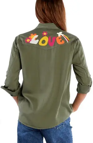 BILLY T Peace & Love Embroidered Shirt - Soft Olive