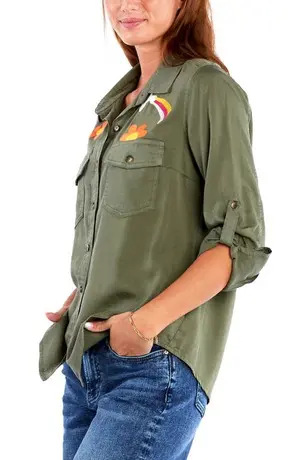BILLY T Peace & Love Embroidered Shirt - Soft Olive
