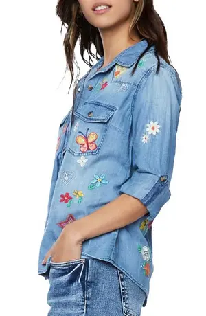 BILLY T Sketchbook Embroidered Button-up Shirt - Vintage Blue
