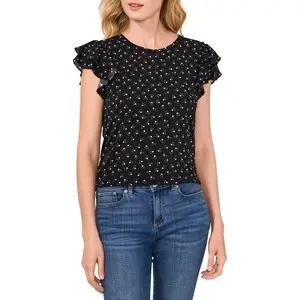 CECE DUPRAZ Floral Ruffle Sleeve Top - Rich Black