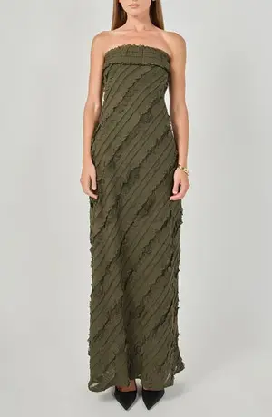 Endless Rose Endless Rose Ruffle Strapless Maxi Dress Olive Brown