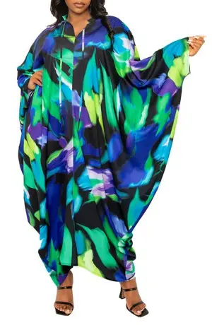 BUXOM COUTURE Abstract Print Long Sleeve Caftan - Blue Multi