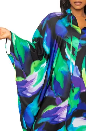 BUXOM COUTURE Abstract Print Long Sleeve Caftan - Blue Multi