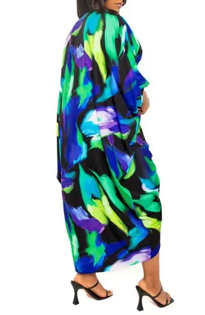 BUXOM COUTURE Abstract Floral Center Ruched Dress - Blue Multi