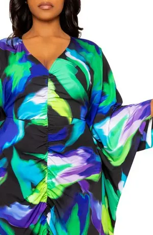 BUXOM COUTURE Abstract Floral Center Ruched Dress - Blue Multi