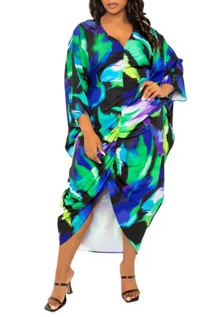 BUXOM COUTURE Abstract Floral Center Ruched Dress - Blue Multi