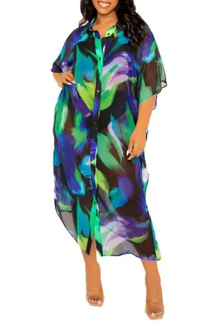 BUXOM COUTURE Print Cover-up Shirtdress - Blue Multi