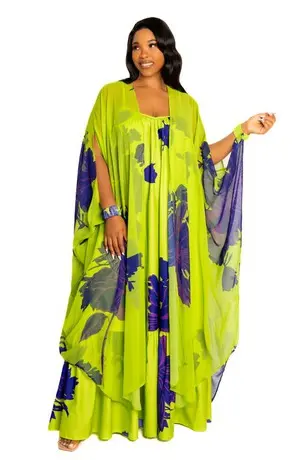 BUXOM COUTURE Floral Chiffon Robe With Wristband Detail