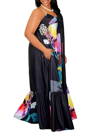 BUXOM COUTURE Floral Print Voluminous Maxi Dress - Black Multi