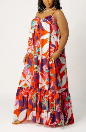BUXOM COUTURE Floral Print Voluminous Maxi Dress - Red Multi
