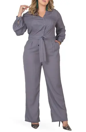 STANDARDS & PRACTICES Long Sleeve Belted Jumpsuit - Light Grey