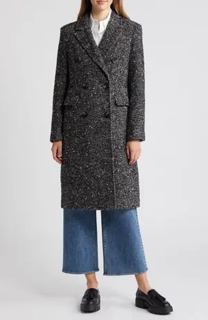 Sam Edelman Reefer Double Breasted Herringbone Tweed Coat - Black/whit