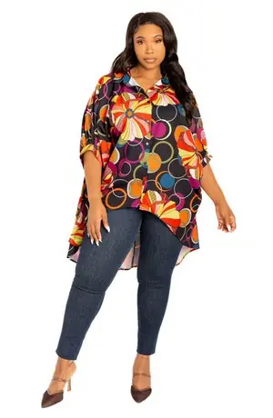 BUXOM COUTURE Mixed Geo Print High-low Shirt - Black Multi