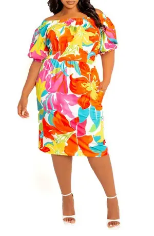 BUXOM COUTURE Floral Print Off-the-shoulder Dress With Bow Detail - White Multi