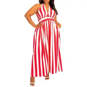 BUXOM COUTURE Stripe Halter Maxi Dress